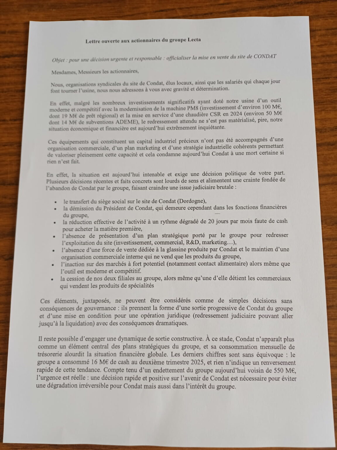 Lettre ouverte des ouvriers de Condat à Lecta – EWANEWS